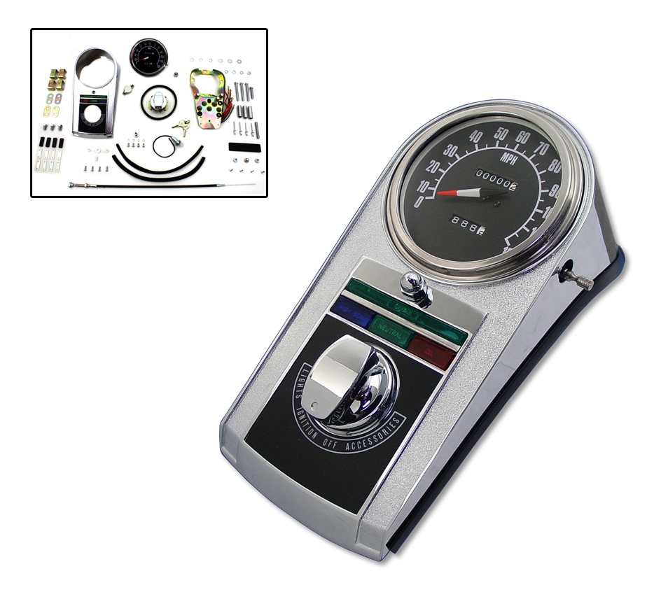 V-Twin Mfg. Cast Dash Panel Kit With 2:1 Ratio Speedometer For Harley ...